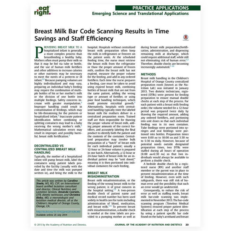 Breast Milk Bar Code Scanning Results in Time Savings and Staff ...